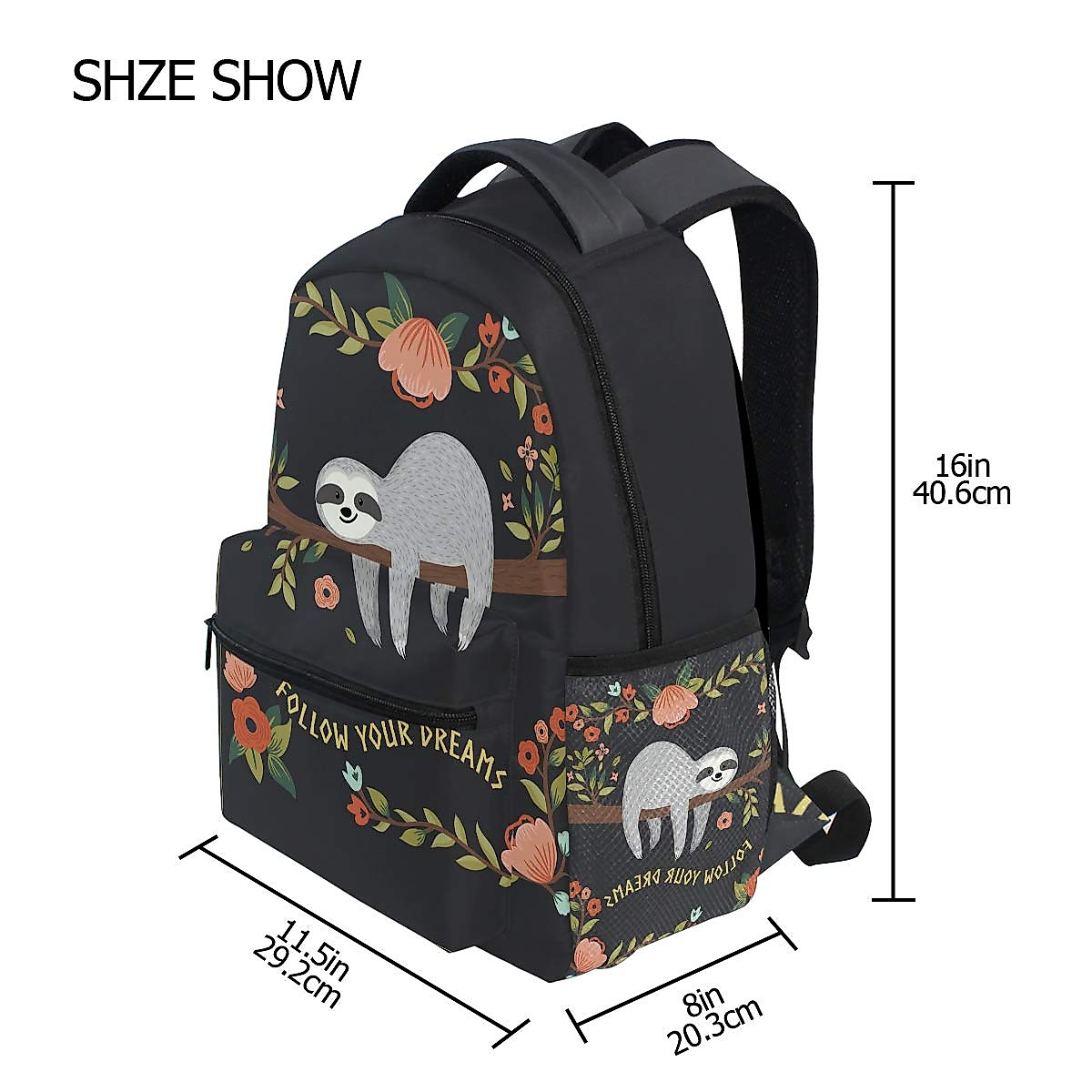 Wamika Funny Cute Sloth Tree Flowers Kids Backpack School Bookbags Daypack Bag Follow Yours Dreams Water Resistant, Sloth Cat Tropical Floral Bags Children Backpack for 1th- 6th Grade Girls Boys