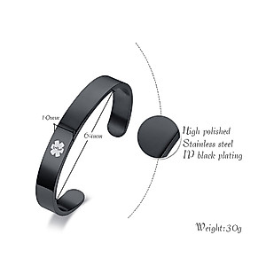 MEALGUET Stainless Steel Cuff Medical Alert ID Bracelet Open Metal Custom Medic Identification Cuffs Bangle for Men Women,7.7-8 Inches,Black Ion Plated