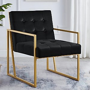 24KF Modern Black Velvet Button Tufted Accent Chair with Golden Metal Stand, Decorative Furniture Chairs for Living Room Bedroom - Black