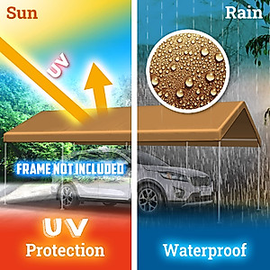 BenefitUSA Upgraded Muliti Color Canopy ONLY 10'x20' Carport Replacement Canopy Outdoor Tent Garage Top Tarp Shelter Cover with Ball Bungees (Tan)