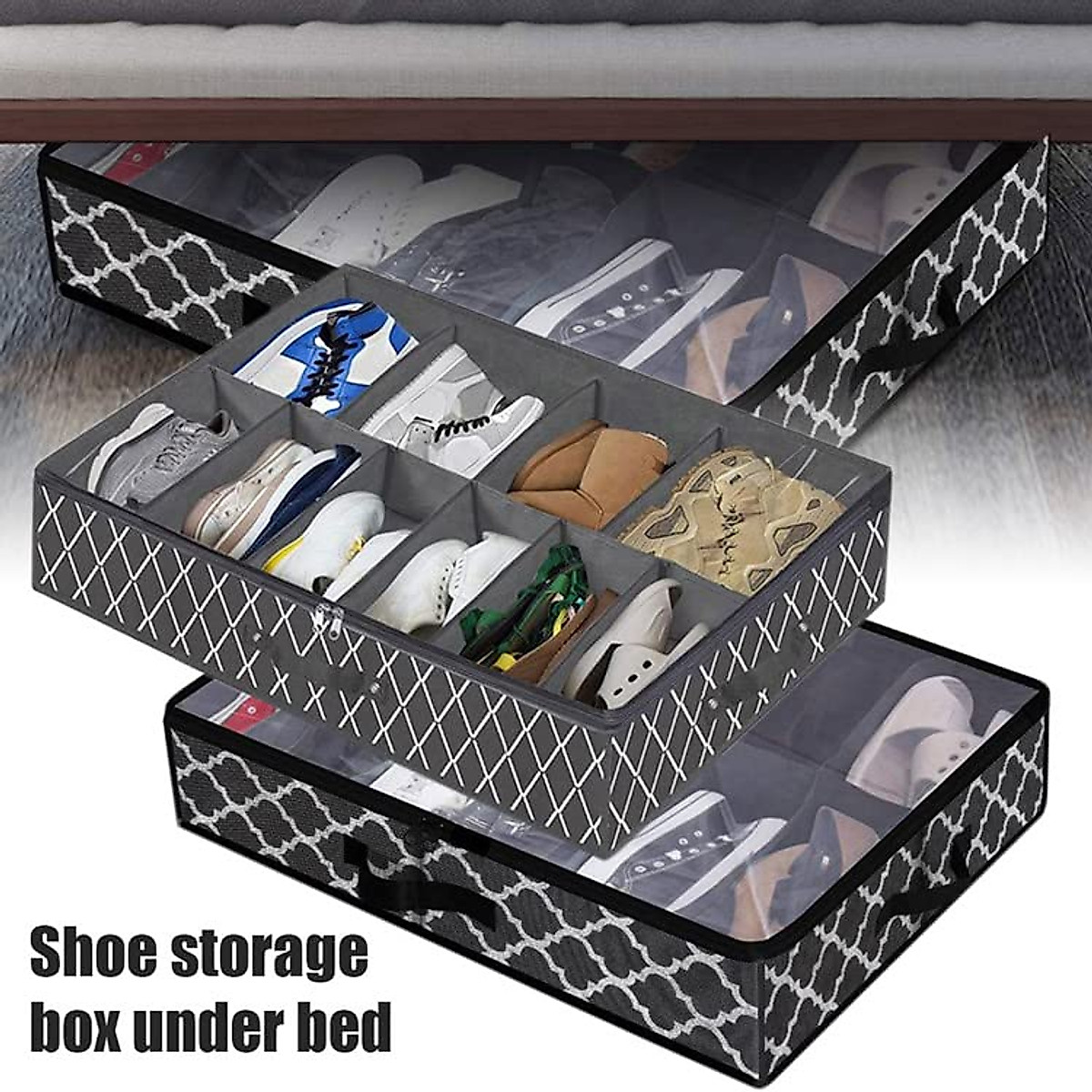 Under Bed Shoe Storage Organizer Fits Large Capacity Shoes Jumbo Slots Underbed Shoe Rack Bin Container Clear Window Lid ,Men Sneakers,Women High Heels,Short Boots Set of 2 Fits 20 Pairs (Black )