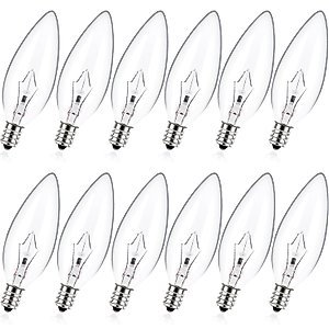 MEQIQTEK E12 60 Watt Incandescent Candle Light Bulbs, Chandelier Light Bulbs for Ceiling Fan, Vanity, Outdoor - Warm White 2500K, 500 Lumen Dimmable B10 Clear Candelabra Base Bulbs (12 Pack)