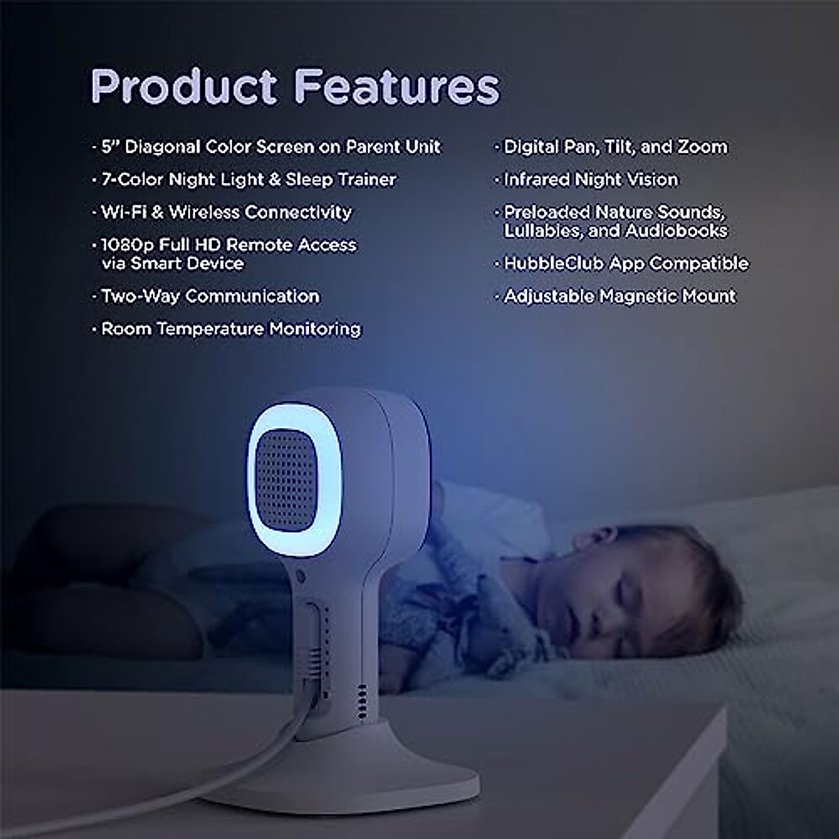 Hubble Connected Nursery Pal Cloud Smart Connected, Wi-Fi Enabled Baby Monitor with 5-Inch HD Color Parent Unit Viewer, Soothing Sounds and White Noise, 7-Color Night Light, Wall Mount, White