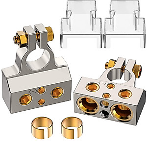 SUNMORN Battery Terminal Connectors, 0/2/4/6/8/10 AWG Battery Terminals, Heavy Duty Car Battery Terminal, Top Post Multiple Battery Terminal (Silver+Gold)