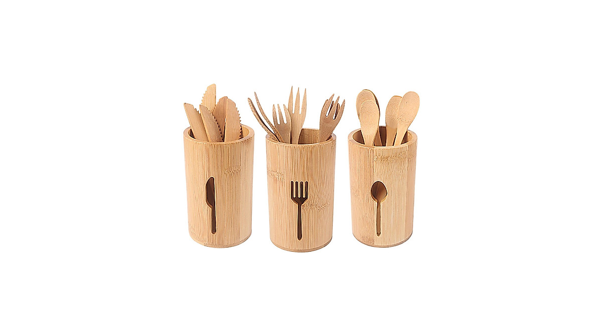 Bamboo Utensil Holders - Set of 3 Kitchen Counter Organizers