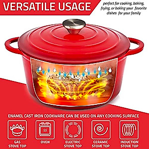 Hystrada Enameled Cast Iron Dutch Oven - 5qt Dutch Oven Pot with Lid and Steel Knob 500 degrees - Cookware for Gas, Electric & Ceramic Stoves - Red Enamel - Cooking & Baking