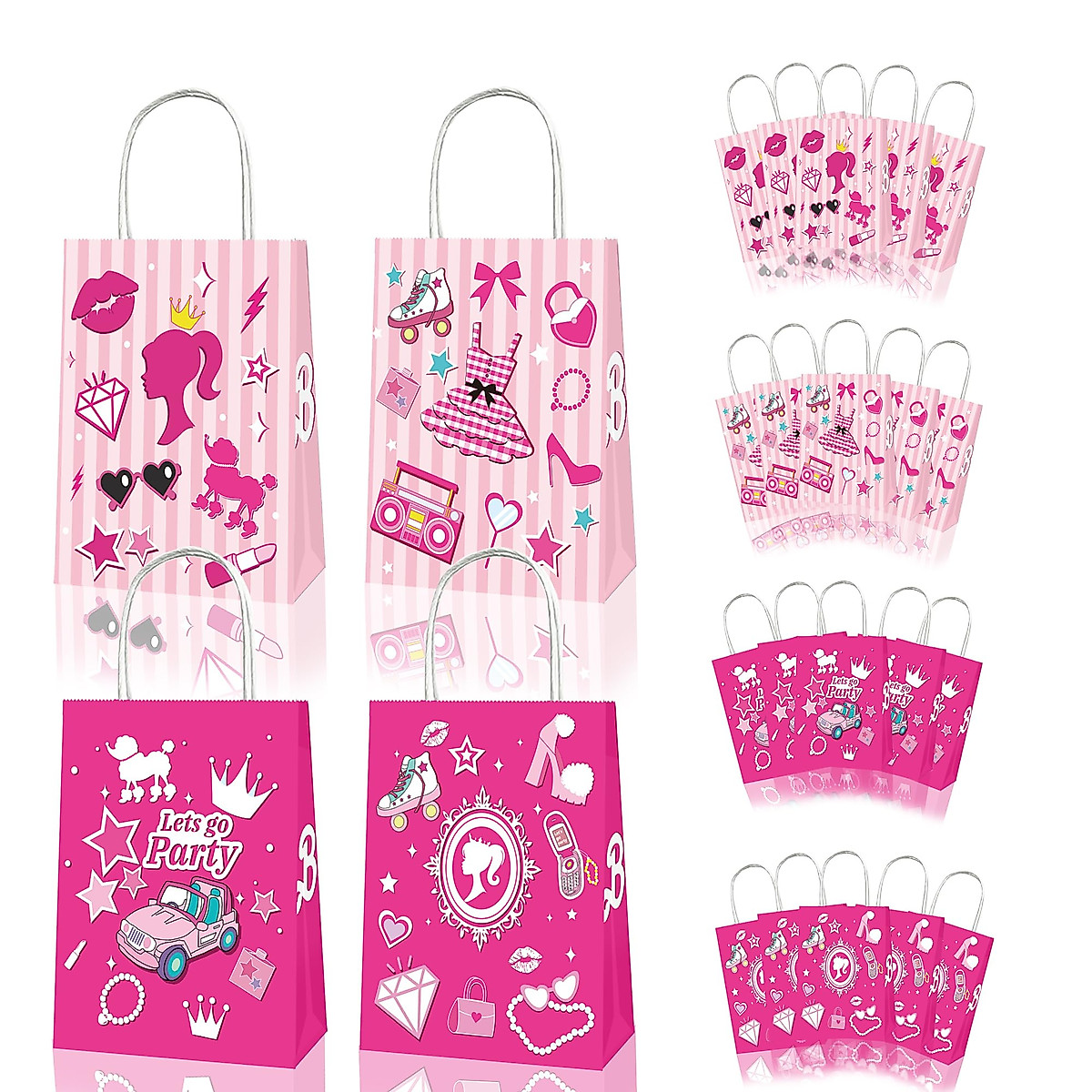 Aoerfes 12 Pieces Pink Girl Party Bags, Princess Gift Bags Candy Goodie Treat Hot Pink Party Favors Bags with Handles for Girls Princess Theme Party Decoration Birthday Supplies