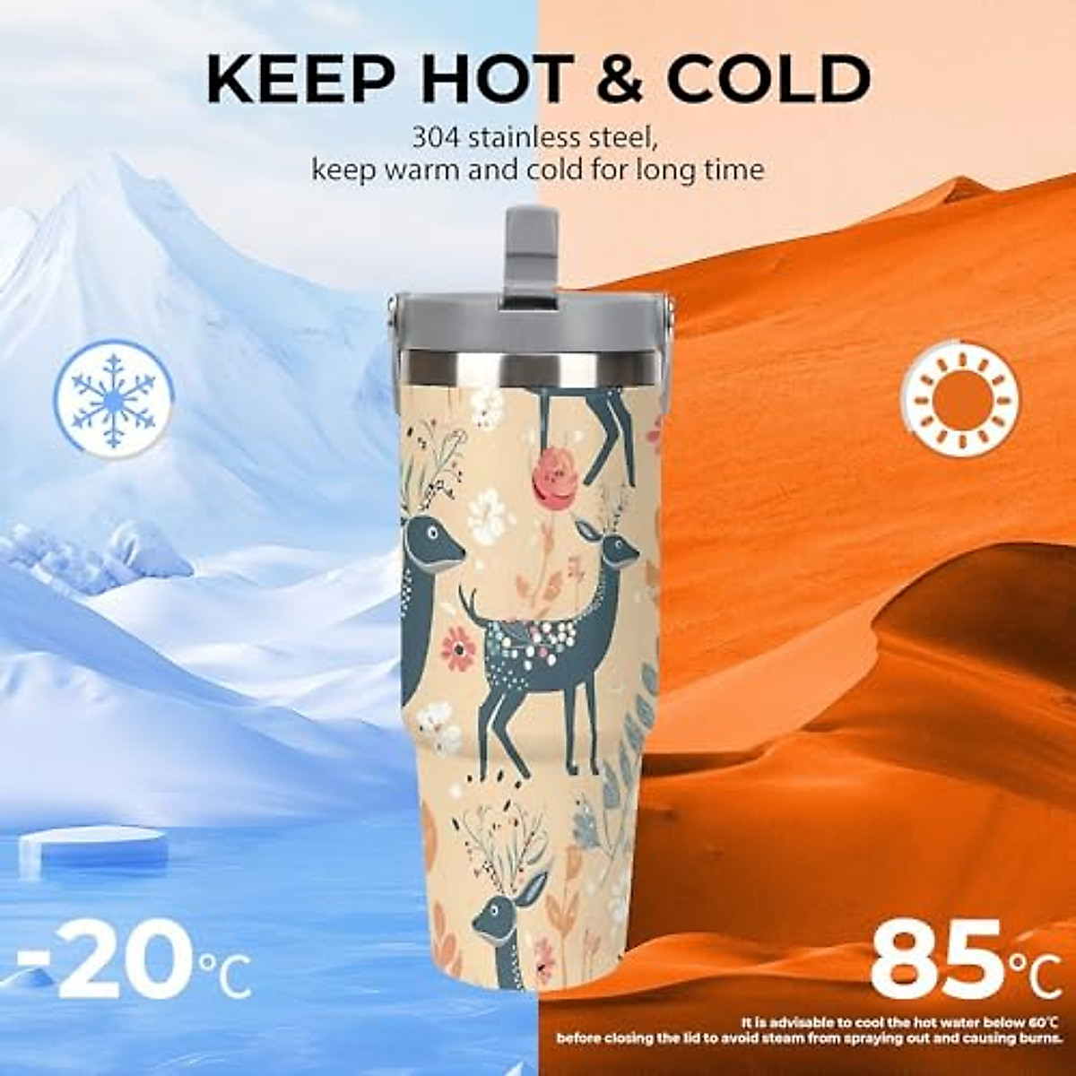 30oz Stainless Steel Insulated Tumbler with Flip Lid & Straw, Leakproof Travel Mug for Car, Deer Pattern Double Wall Vacuum Thermal Coffee Cup with Handle, Spill-Proof Design for Hot/Cold Drinks