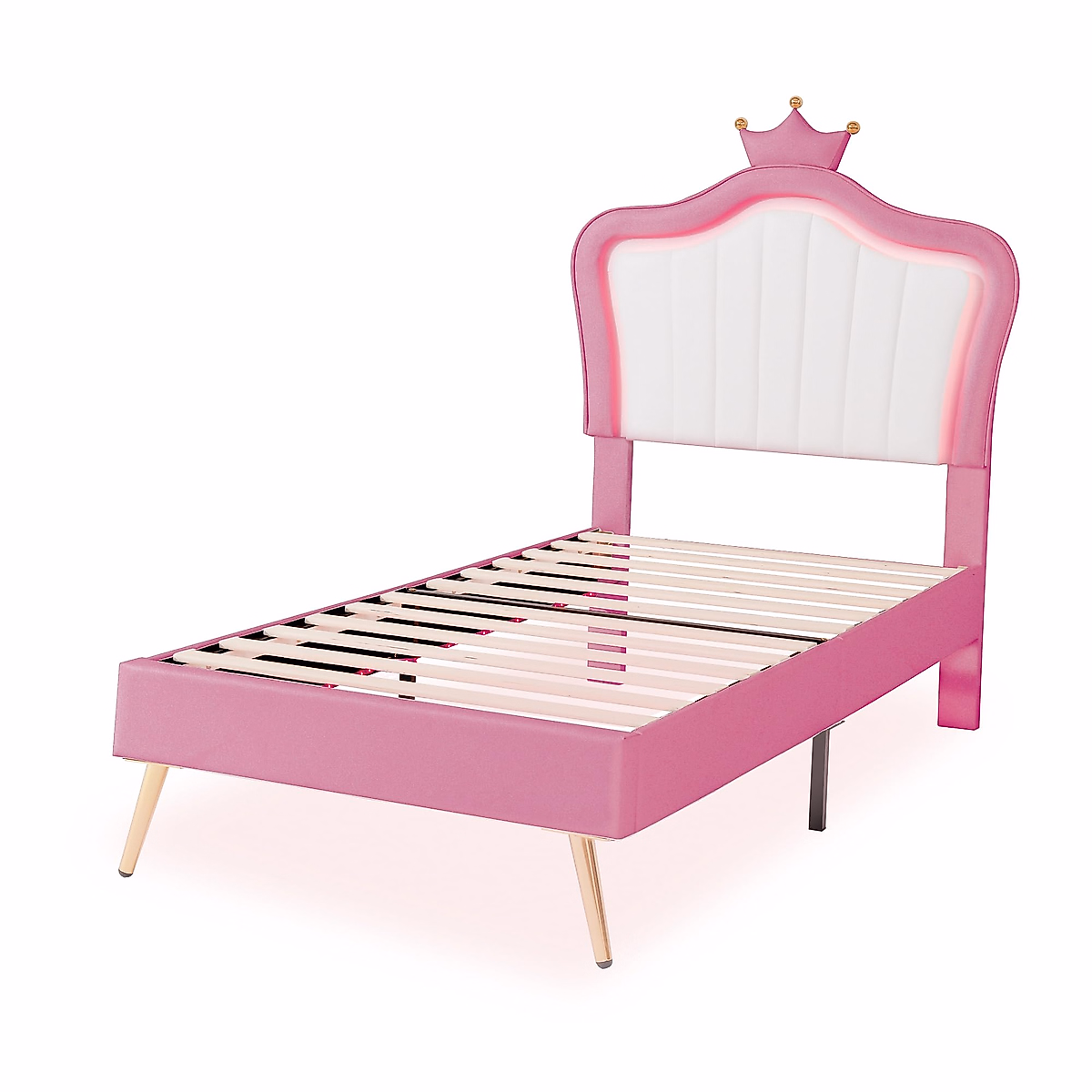 Twin Size Upholstered Princess Bed Frame with LED Lights and Crown Headboard,for Kids Boys Girls Teens Bedroom Use (White+Pink@LED//, Twin)