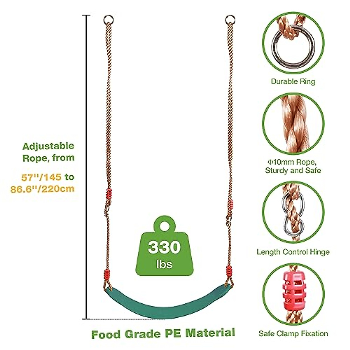RedSwing Swing Seat for Kids Outdoor with 57-86" Rope, Kids Safety Playground Swing Seat Replacement, Belt Swing, Heavy Duty, with Large Swing Frame Set Backyard Swing and Seesaw， Green