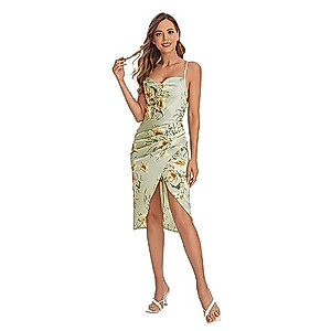 Floerns Women's Floral Print Cowl Neck Ruched Sleeveless Satin Slit Party Dress Green Multi L