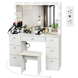 SMOOL Vanity with Lighted Mirror, Makeup Vanity Desk with Power Outlet and LED Bulbs, 3 Color Lighting Modes Adjustable Brightness, 7 Drawers Vanity Table with Cushioned Stool for Bedroom, White