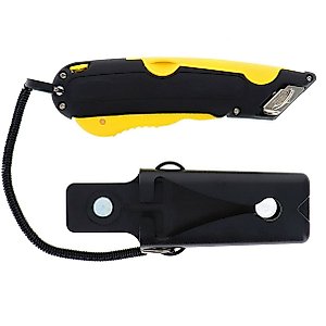 Veltec EZ-1000 Safety Box Cutter Utility Knife, 3 Blade Depth Setting, Squeeze Trigger and Dual Side Edge Guide, 2 Blades, Holster and Lanyard (Yellow)