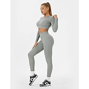 Buttergene Women Workout Sets 2 Pieces Long Sleeve Yoga Outfits Gym Clothes Seamless Ribbed Crop Top High Waist Leggings