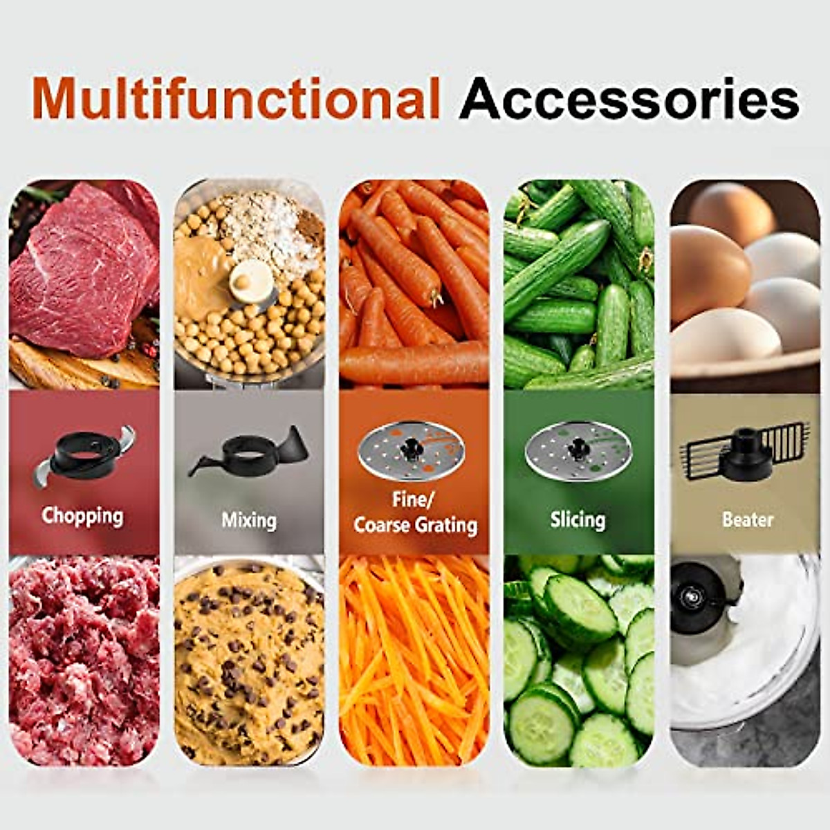 Electric Food Processor, MOSAIC 5 Function Electric Chopper for Chopping, Slicing, Puree, Kneading, Egg White, Vegetable Meat Chopper Slicer with Big Food Chute