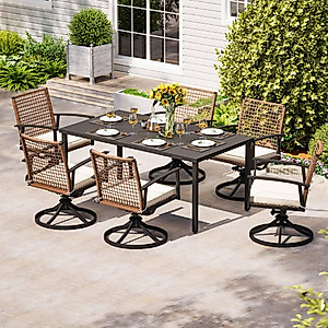 LAUSAINT HOME 7 Pieces Patio Dining Set, Outdoor Furniture Set of 6 Swivel Chairs with Soft Cushion and Iron Slats Table Top with Umbrella Hole, Conversation Set for Backyard