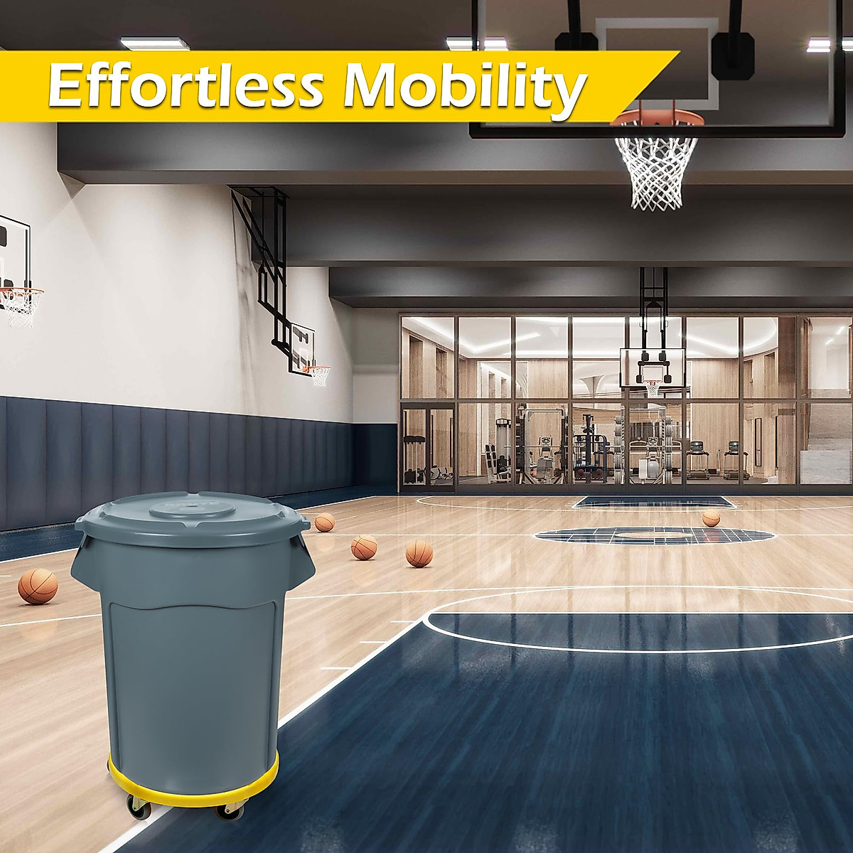 MaxWorks 50933 Round Trash Can High Visibility Yellow Dolly with 5 Swivel Casters 18 inch Dolly for 20 32 44 55 Gallon Containers Twist ON & Off