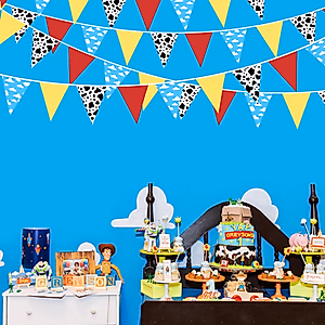 32Ft Cartoon Story Party Decorations Red Blue Yellow Toy Themed Story Fabric Banner Cloud and Cow Print Triangle Pennant Flag Garland Streamers for Kids Birthday Baby Shower Outdoor Garden Supplies