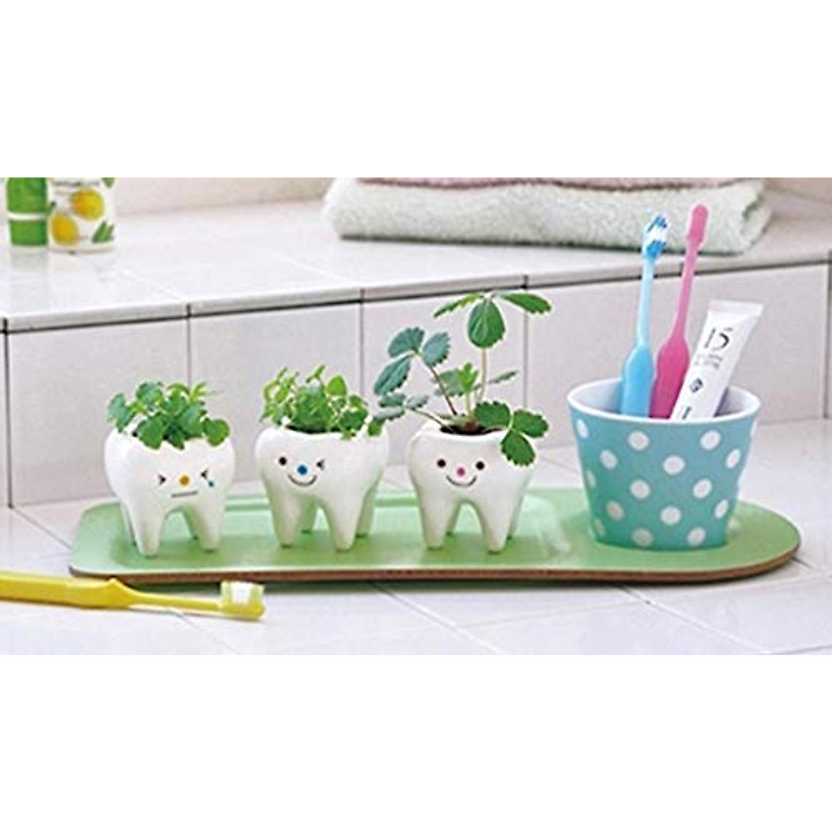 MONMOB Pack of 3 Mini Shaped Tooth Planter Ceramic Succulent Plant Pots Set for Small Succulent Tooth Gifts for Adults Kids Women Dentist