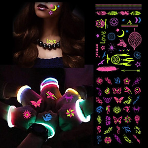 HOWAF 8 Large Sheets Neon Temporary Tattoos, 100+ Shimmer Designs Glow UV Neon Body Face Skin Tattoo Wolf Jewellery Tattoos Flash Fake Waterproof Tattoo Stickers for Women Men Girls Body Art