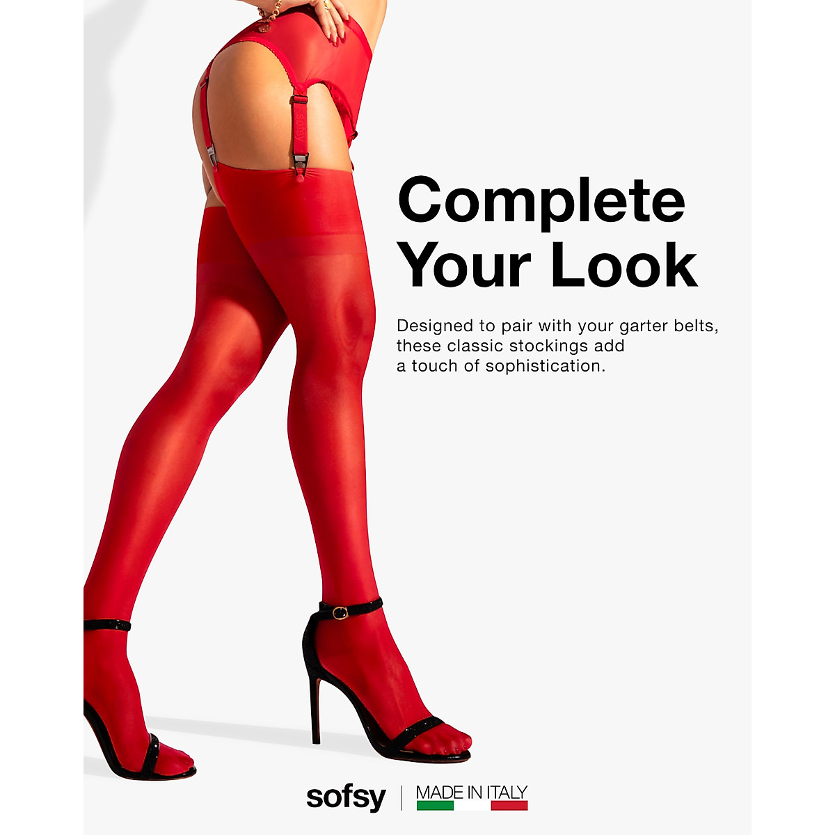 sofsy Italian-Made Sheer Red Stockings for Women | 15 Den Thigh Highs for Garter Belts & Boudoir Lingerie | Ultra Sheer & Soft - Medium