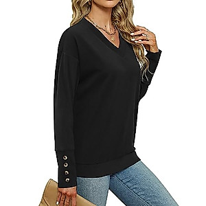 Dimur Womens Sweatshirts V Neck Long Sleeve Shirts Casual Trendy Button Down Pullover Sweaters for Women Black M