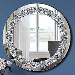 Crystal Crush Diamond Sparkly Round Silver Mirror for Wall Decoration 20x20x1 inch Wall Hang Frameless Bling Stylish Gorgeous Glam Mirror Vanity Home Decor.