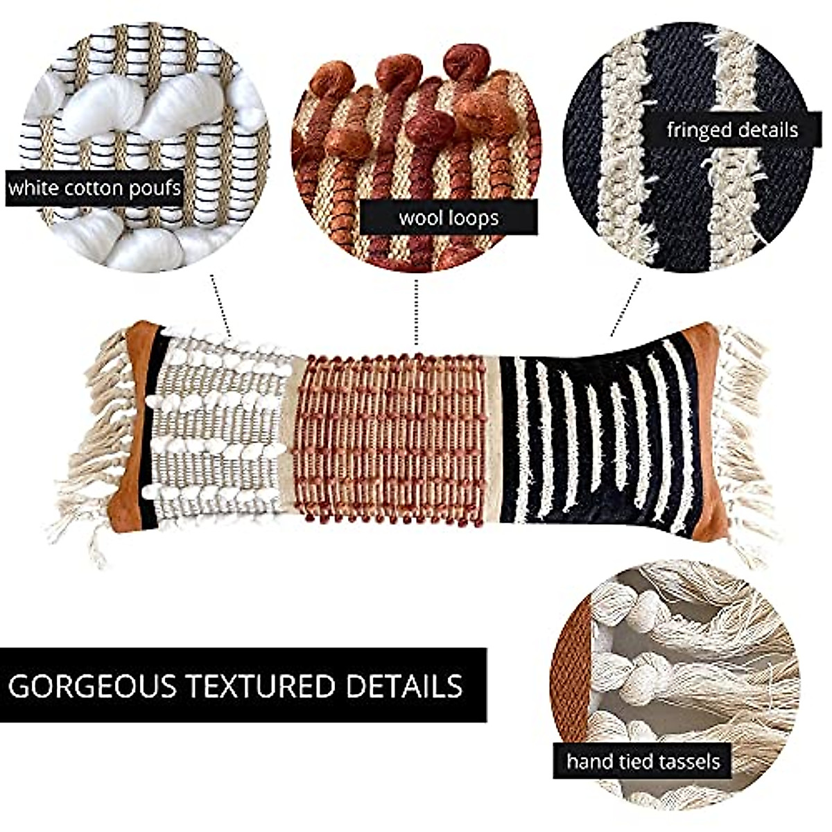 CASA BOHO Lumbar Pillow Mid Century Modern Decor Long Pillow Decorative Lumbar Pillow Bohemian Throw Pillows Boho Throw Pillows Oversized Throw Pillows Boho Throw Pillow Cover Eclectic Fringe Tassels