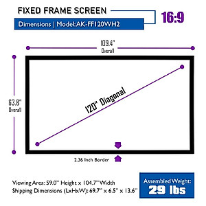 Akia Screens Fixed Frame Projector Screen 120 inch 16:9 8K 4K Ultra HD 3D Ready Wall Mount CINEWHITE UHD-B 120 Projection Screen for Indoor Movie Video Home Theater Cinema Office AK-FF120WH2