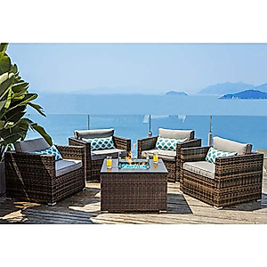 COSIEST 5-Piece Faux Brown Propane Fire Pit Outdoor Furniture Brown Chairs w Thick Cushion w 32-inch Square Wicker Fire Table (40,000 BTU), Fits 20lb Tank Outside w Wind Guard for Garden, Backyard