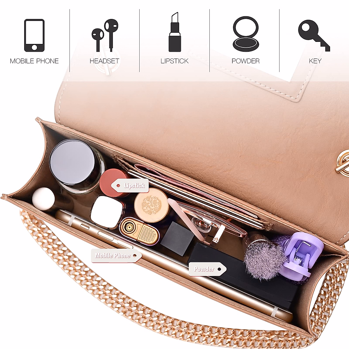 GM LIKKIE Crossbody Clutch Purse for Women, Glitter Evening Bag, Sequin Tassel Wedding Handbag for Party (Khaki)