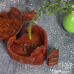 Lify All Natural Exotic Woods Puzzle Box, with Sliding Wooden Key Lock, Sliding Cover and Inner Lid to Hidden Compartment. Hand-made Wood Onlay Design on Lid.- 1 Piece (Heart (Double Open))