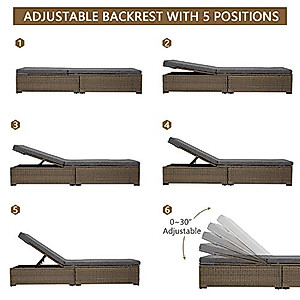 Kinsunny Outdoor PE Wicker Lounge Chair Patio Reclining Chair Furniture Set Beach Pool Adjustable Backrest Recliners with Dark Grey Cushions