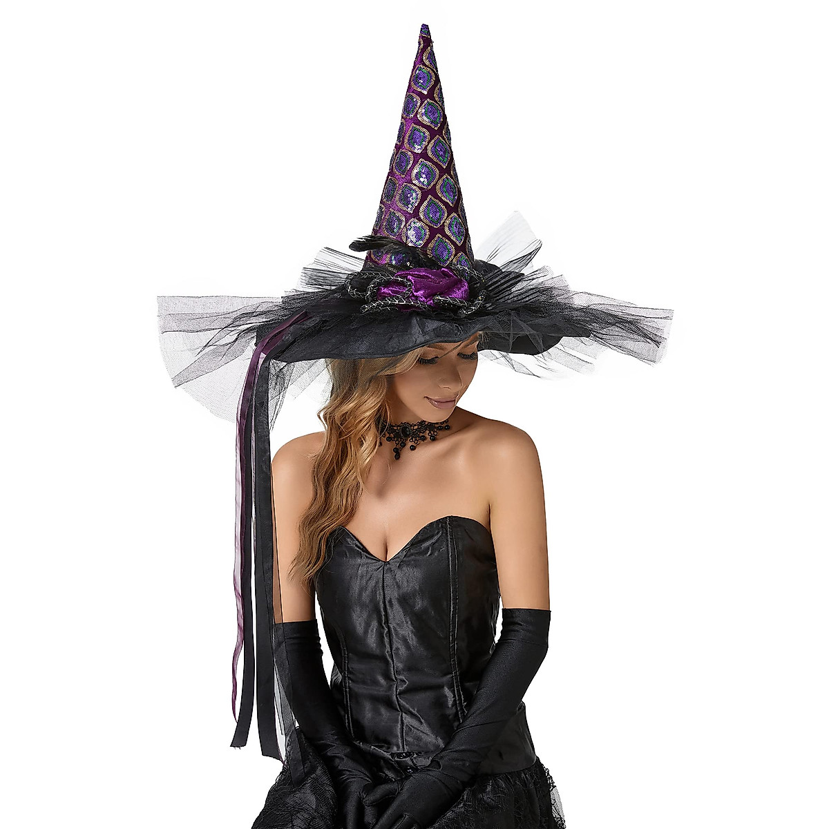 QinYing Purple Halloween Costume Witch Hats for Women Steeple Top with LED Lights for Party Purple