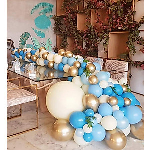 Blue Gold Balloon Garland Kit, Including Chrome Gold, Ivory, Light Blue & White Gold Light Blue Confetti Balloons Decorations Backdrop Ideal for Boys Birthday Baby Bridal Shower Party Decorations