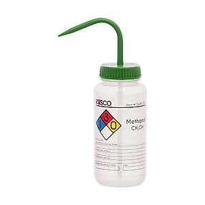 EISCO Wash Bottle for Methanol, 500ml - Labeled with Color Coded Chemical & Safety Information (4 Colors) - Wide Mouth, Self Venting, Polypropylene - Performance Plastics Labs