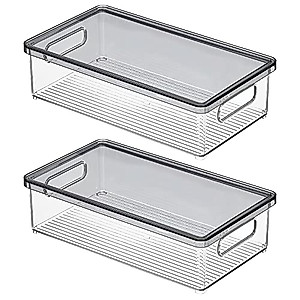 mDesign Plastic Stackable Bathroom Cabinet Storage Bin with Handles/Lid - Bin for Vanity, Countertop, Drawer Organization - Hold Soap, Towels, Accessories, Ligne Collection, 2 Pack, Clear/Smoke Gray