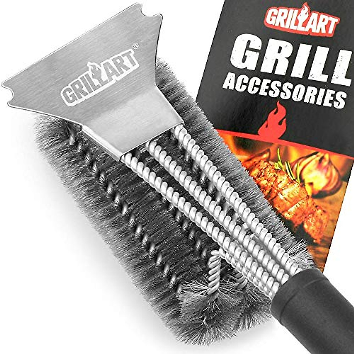 GRILLART Grill Brush and Scraper BBQ Brush for Grill, Safe 18" Stainless Steel Woven Wire 3 in 1 Bristles Grill Cleaning Brush, BR-4516