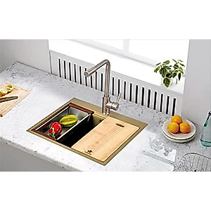 STARSTAR Workstation Ledge Top Mount/Drop-in Gold 304 Matte Stainless Steel Single Bowl For Kitchen,Yard, Office, Bar, Laundry Sink (21 x 20 x 10)