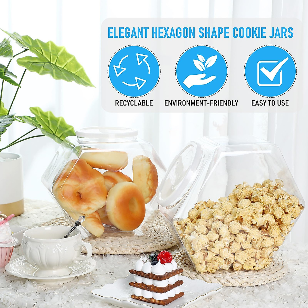 Uiifan 1 Piece Hexagonal Plastic Candy Jar with Lid Cookie Jar Clear Hexagonal Candy Containers for Snacks, Cookies, Dog Food, Craft and Sewing Supplies, Coffee Pod, Laundry Pod (29 oz)