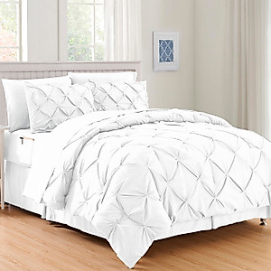 Elegant Comfort 8-Piece Pinch Pleated Comforter Set - All Season Complete Bed in a Bag, Includes 4pc Smart Sheet Set, Bed Skirt, Comforter, Matching Pillowcases and Shams, Full/Queen, White