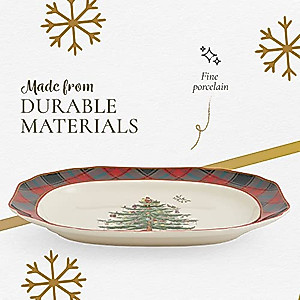 Spode Christmas Tree Tartan Rectangular Platter, 14-Inch Large Serving Tray for Meats, Cheeses, and Desserts | Made of Fine Earthenware | Dishwasher and Microwave Safe