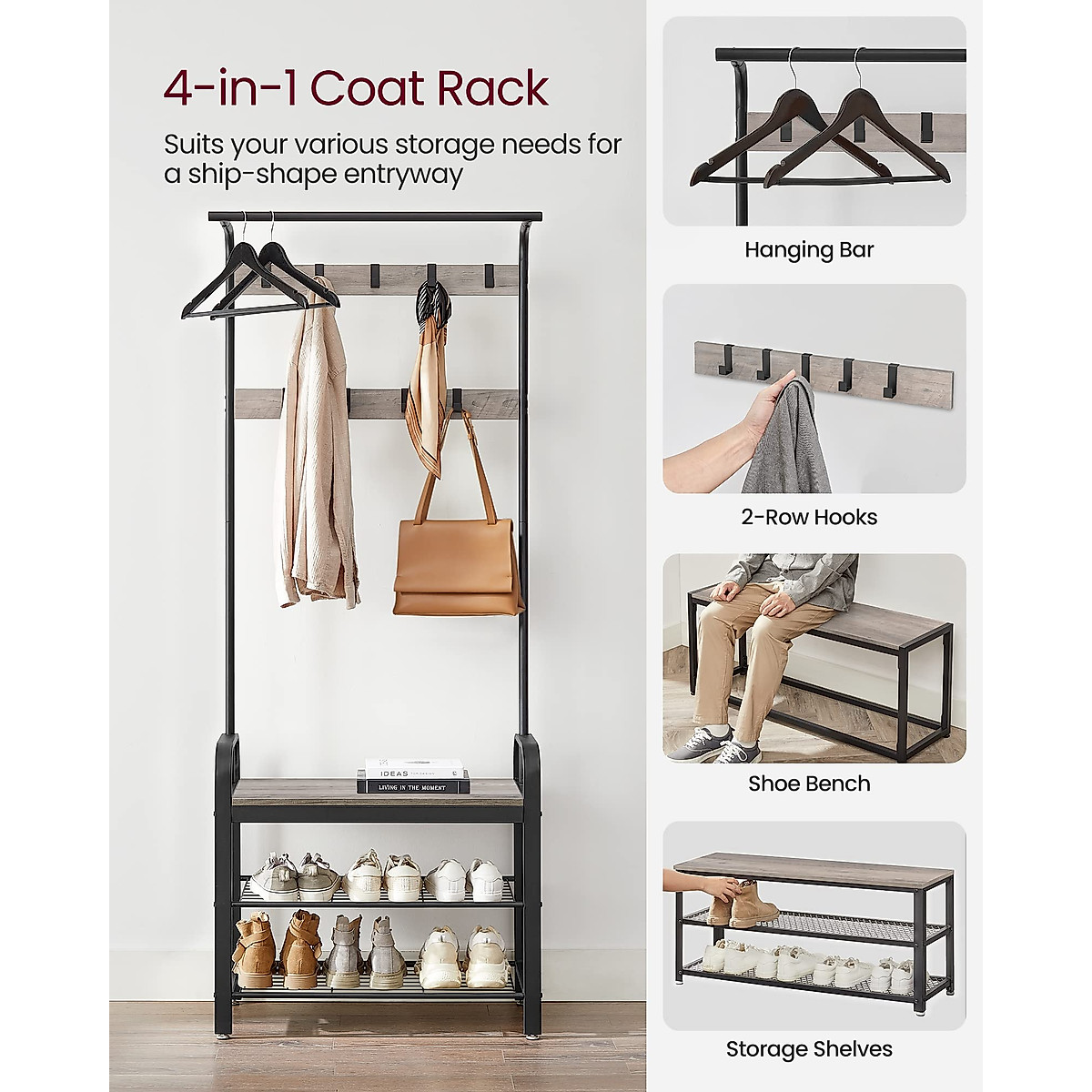 VASAGLE Coat Rack, Hall Tree with Shoe Bench for Entryway, Entryway Bench with Coat Rack, 4-in-1, with 9 Removable Hooks, a Hanging Rod, 13.3 x 28.3 x 72.1 Inches, Greige and Black UHSR40MB