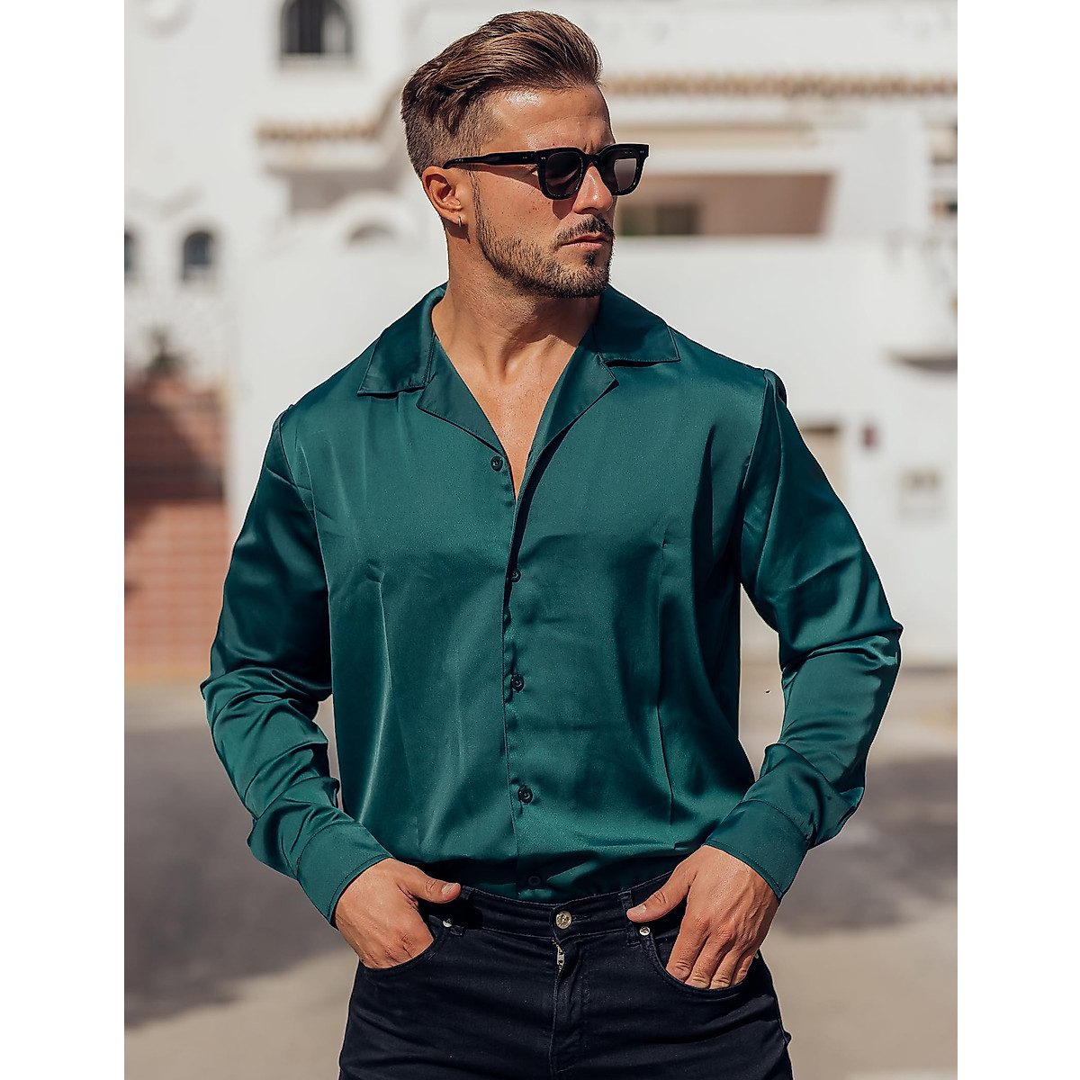 COOFANDY Mens Dress Shirts Long Sleeve Satin Button Down Shirts Shiny Prom Party Shirts Lake Green
