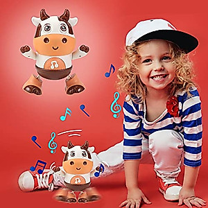 Qiopertar Electric Dazzling Dance Mini Robot Light Music Dance Rotating Robot Children's Toy Baby Cow Musical Toys Christmas Birthday Gift for Kids Boys Girls