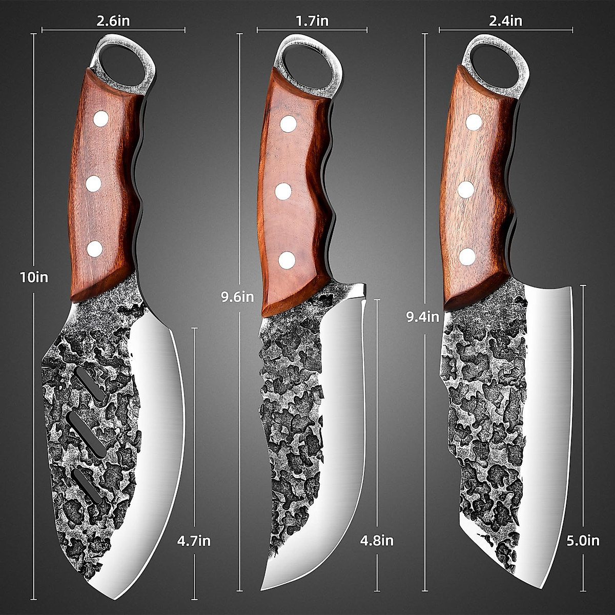 VARLEA 3 Piexcs Hand forged chef's knife kitchen knife set, with Solid Wood Handle & leather Knife Sheath. Suitable for Outdoor camping BBQ, Meat Cleaver Knife,Kitchen tool,