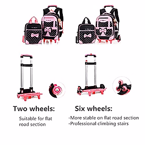 Bowknot Kids Rolling School Backpack 2Pcs Polka Dot Princess Style Trolley Bookbag on Two Wheels