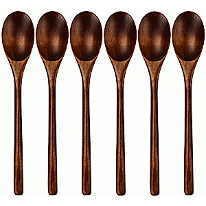 Wooden Spoons, Wood Spoons for Eating, 6 Pieces Japanese Natural Plant Ellipse Wooden Ladle Spoon Set for Cooking Mixing Stirring Honey Tea Soda Dessert Coconut Bowl Nonstick Pots Kitchen,FDA Approved