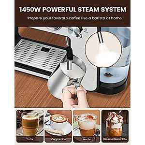 Teglu Espresso Machine 20 Bar with Milk Frother, Semi-Automatic Latte & Cappuccino Coffee Maker Duo-cup 33oz/1L Removable Water Tank for Home/Office, 1450W, Stainless Steel