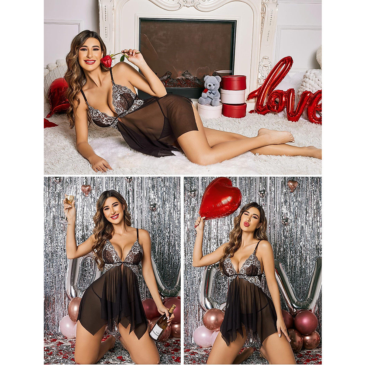 Avidlove Women Lingerie Set Lace Babydoll V Neck Nightwear Strap Chemise Full Slip Nightgown A Black